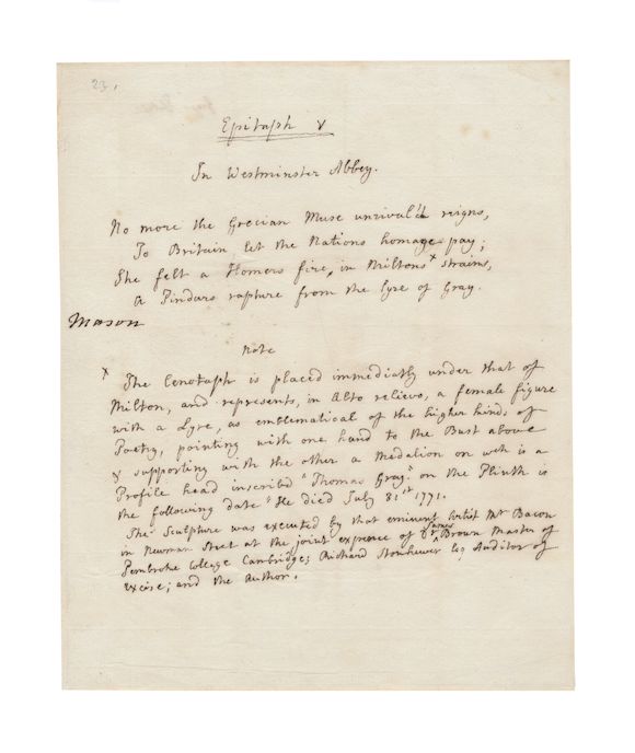 Bonhams : GRAY AND AUGUSTAN POETRY Autograph draft of part of Thomas ...