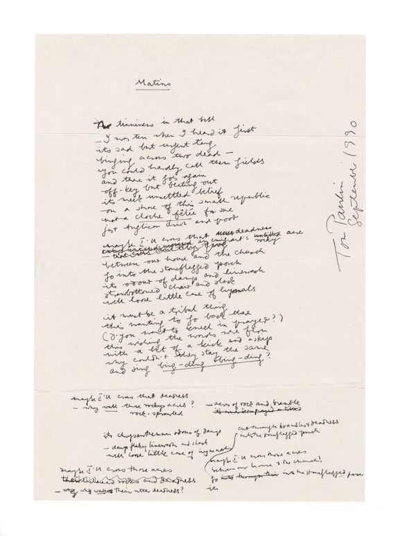 Bonhams : PAULIN, TOM (b. 1949, Irish poet) AUTOGRAPH REVISED ...