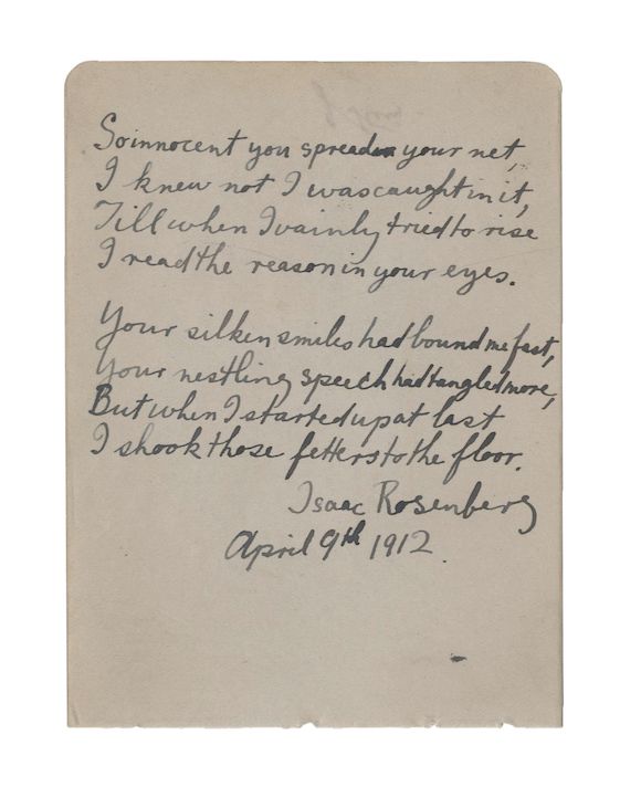 Bonhams : ROSENBERG, ISAAC (1890-1918) AUTOGRAPH MANUSCRIPT OF HIS POEM ...