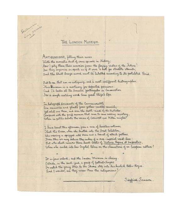 Bonhams : SASSOON, SIEGFRIED (1886-1967) AUTOGRAPH MANUSCRIPT OF HIS ...