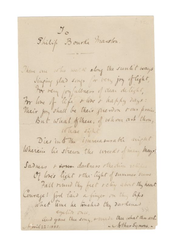 Bonhams : SYMONS, ARTHUR (1865-1945) AUTOGRAPH MANUSCRIPT OF A POEM ...