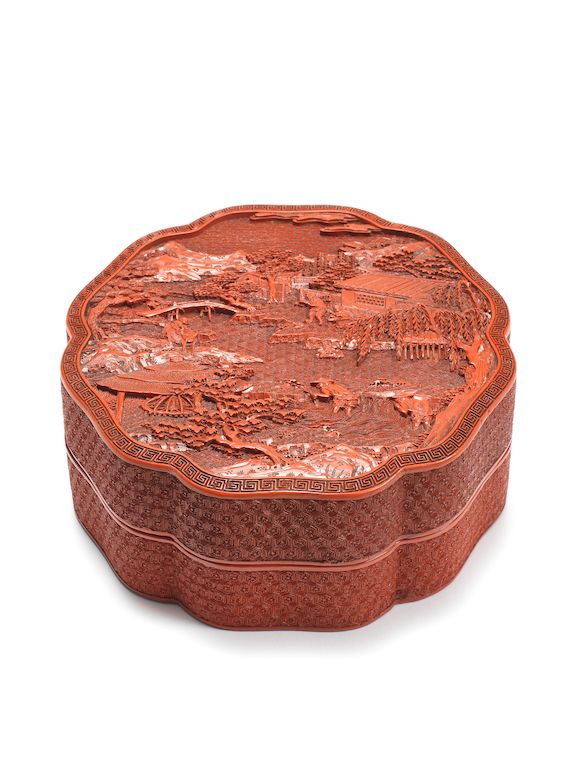 Bonhams : A rare hexafoil 'farming' cinnabar lacquer box and cover Qianlong