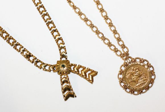 Bonhams : A sovereign pendant on fancy link chain and a 9ct gold ...