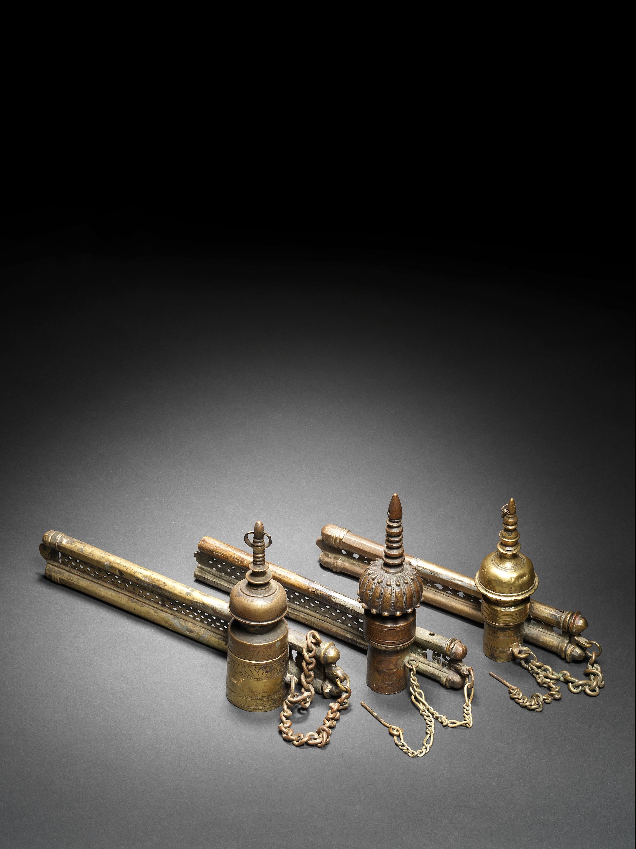 A group of three brass scribe's Pen Boxes Northern India, 18th Century ...