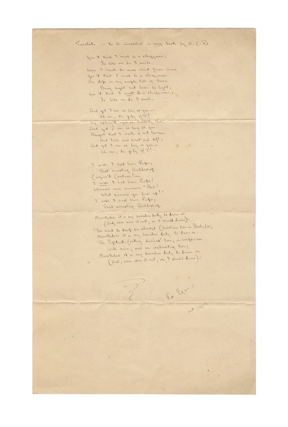 Bonhams : BEERBOHM, MAX (1872-1956) AUTOGRAPH MANUSCRIPT OF 'TRIOLETS ...