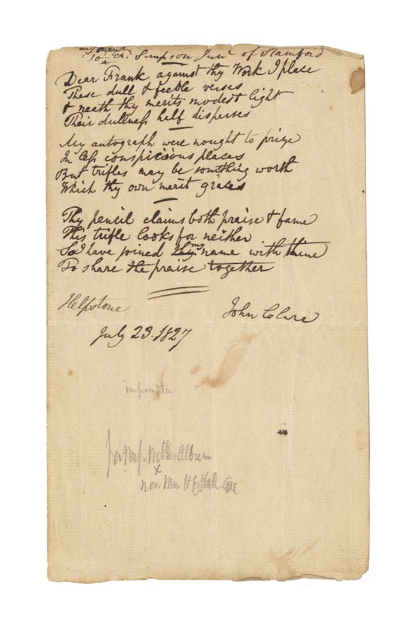 Bonhams : CLARE, JOHN (1793-1864) AUTOGRAPH MANUSCRIPT OF AN ...