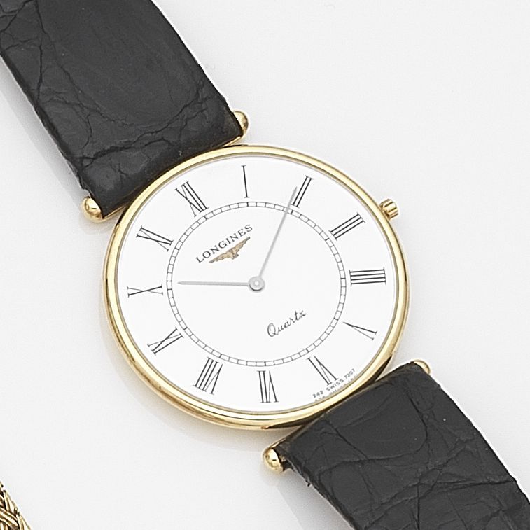 Bonhams : Longines. An 18ct gold quartz ultra thin wristwatchRef16385 ...