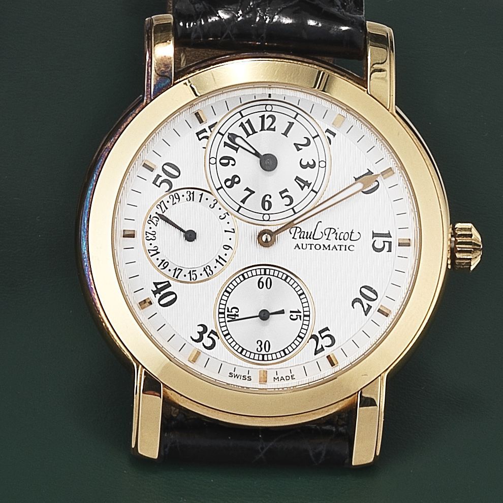Bonhams : Paul Picot. An 18ct gold automatic regulator calendar ...