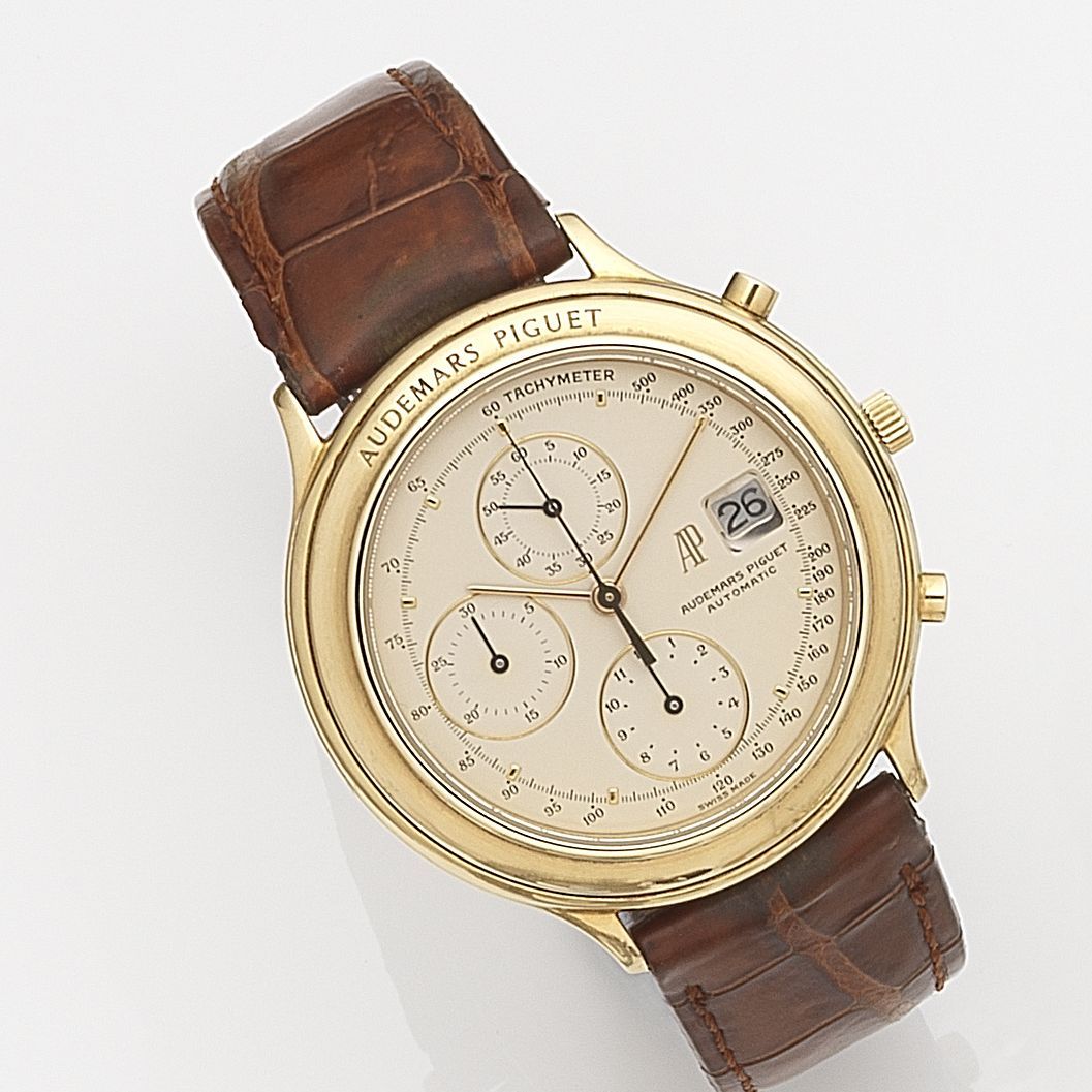 Bonhams : Audemars Piguet. An 18ct gold automatic calendar chronograph ...