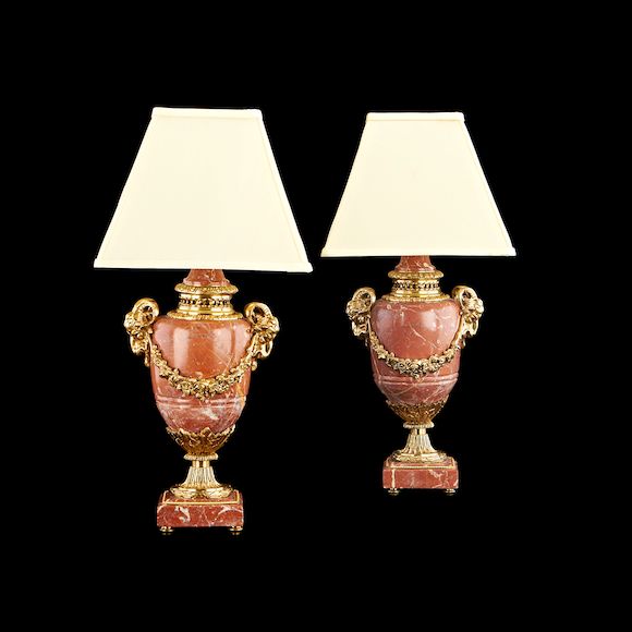 Bonhams : A pair of Louis XVI style marble and gilt metal mounted lamp ...