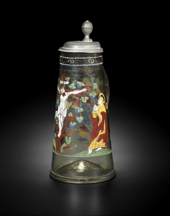 Bonhams : A rare Bohemian enamelled tankard with pewter mount, painted ...