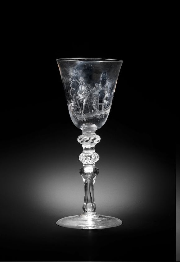 Bonhams : A fine Dutch stipple-engraved light-baluster wine glass with ...