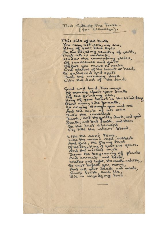 Bonhams : THOMAS, DYLAN, (1914-1953, Welsh poet) AUTOGRAPH MANUSCRIPT ...