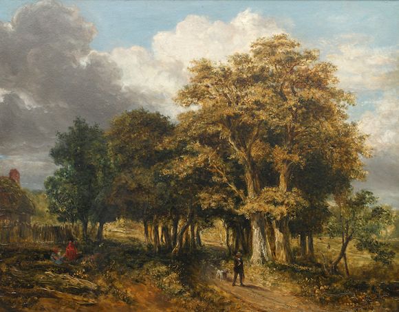 Bonhams : James Stark (British, 1794-1859) Woodland path with figures ...