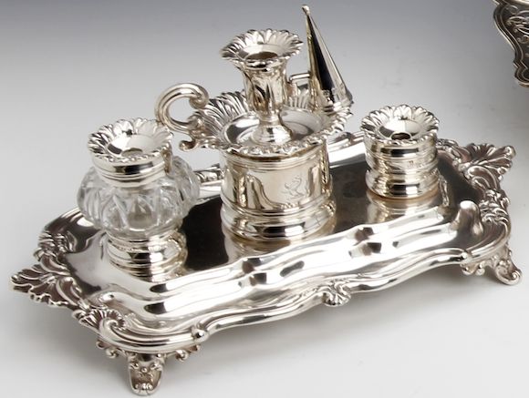 Bonhams : A William IV silver inkstand by T.& N. Creswick, Sheffield 1836