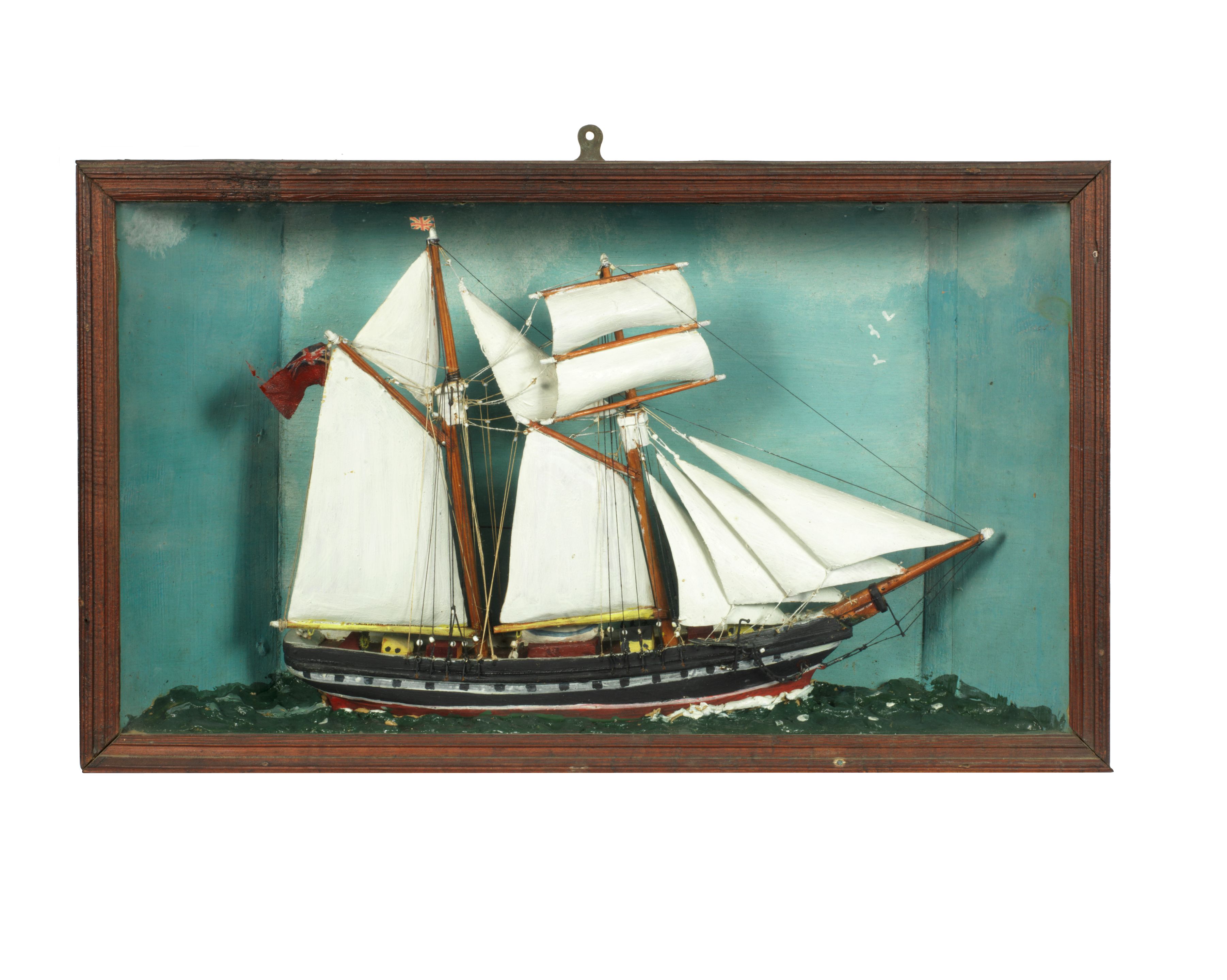 A naive waterline diorama model of a two mast Topsail Schooner ...