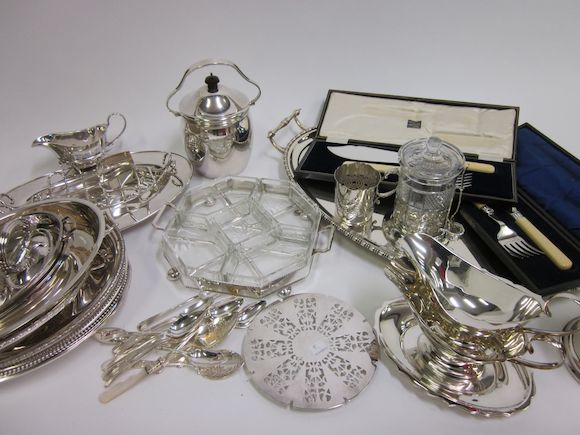 Bonhams : An electroplated large oval tea tray, (Qty)