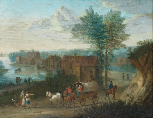 Bonhams : Circle of Joseph van Bredael (born 1688-1739 Paris) Figures and carts on a country ...