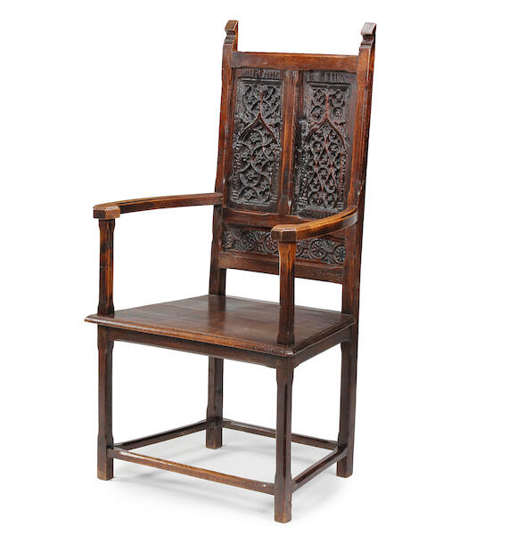 Bonhams : An early 20th century oak open armchair, incorporating two late 15th century blind ...
