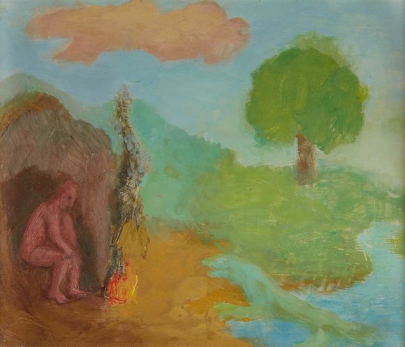 Bonhams : Ken Kiff (British, 1935-2001) Landscape with figure and fire