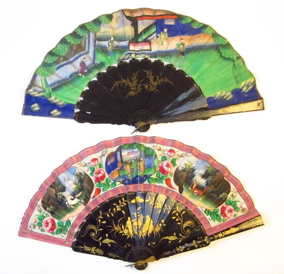 Bonhams : Two lacquer and paper folding fans 19th century
