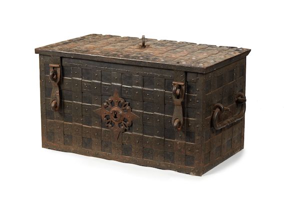 Bonhams : A large 17th century iron and iron-bound ten-bolt strong box ...