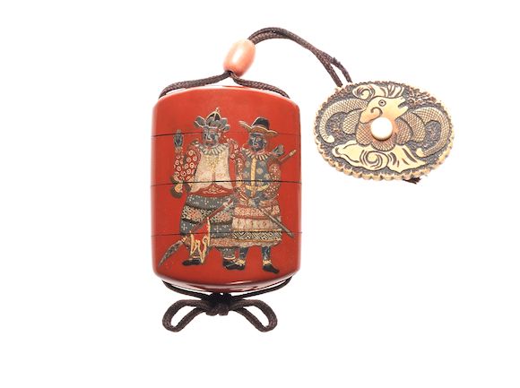Bonhams : A miniature red lacquer three-case inro 19th century