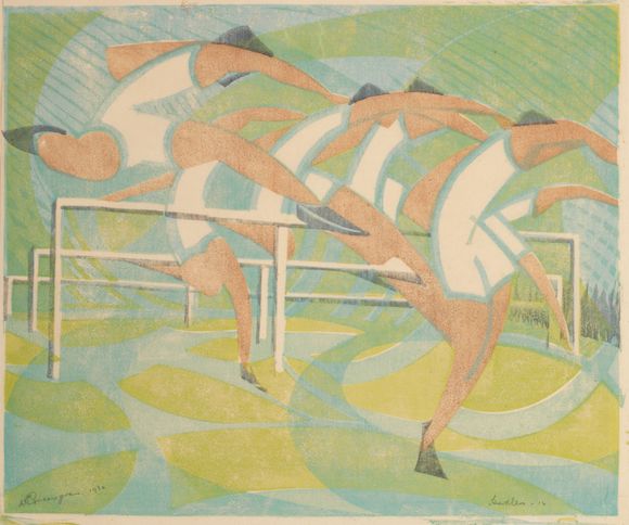Bonhams : William Greengrass (British, 1896-1970) Hurdlers Linocut ...