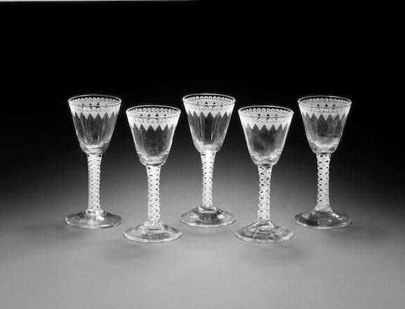 Bonhams A Set Of Five Opaque Twist Wine Glasses Circa 1760