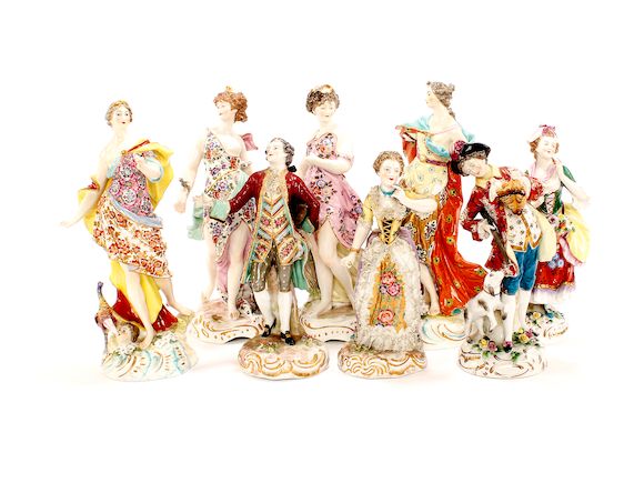 Bonhams : Four pairs of European porcelain figures, late 19th-early ...