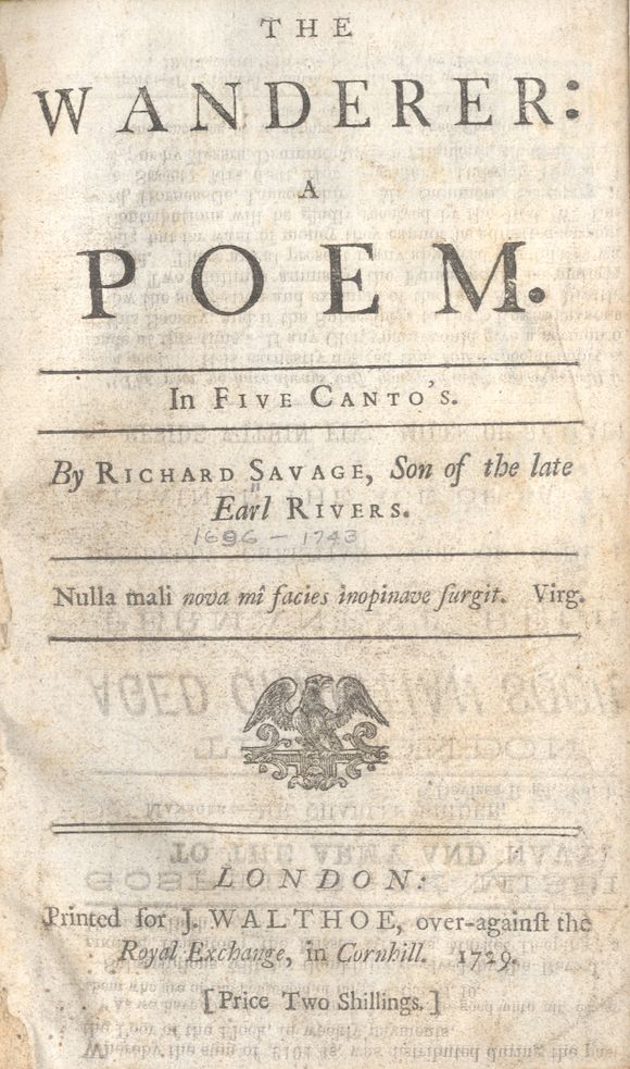 Bonhams : SAVAGE (RICHARD) The Wanderer: a Poem. In Five Canto's, 1729