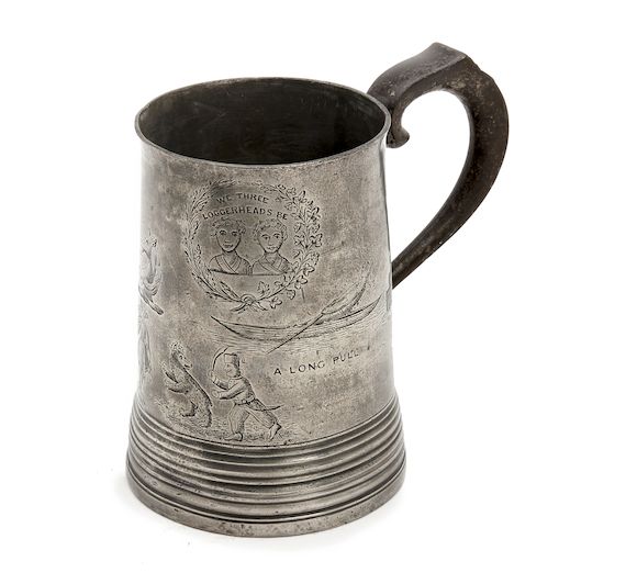 Bonhams : An engraved quart pewter mug
