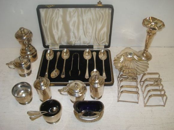 Bonhams : A George V six piece silver double condiment set, Walker ...