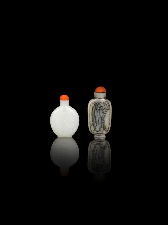Bonhams : An inscribed white jade snuff bottle and a mottled grey jade 'rocks and bamboo' snuff ...