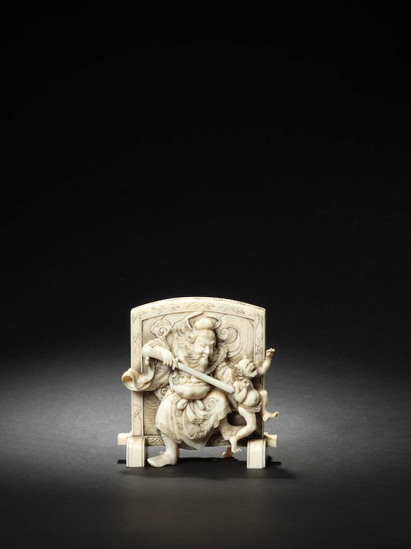 Bonhams : An ivory okimono of Shoki and two oni Meiji Period
