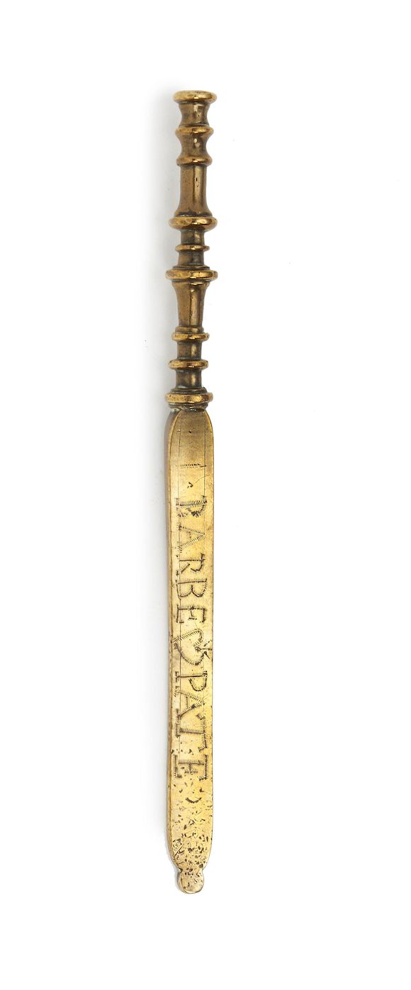 Bonhams : A rare early 18th century brass knitting sheath or stick, French