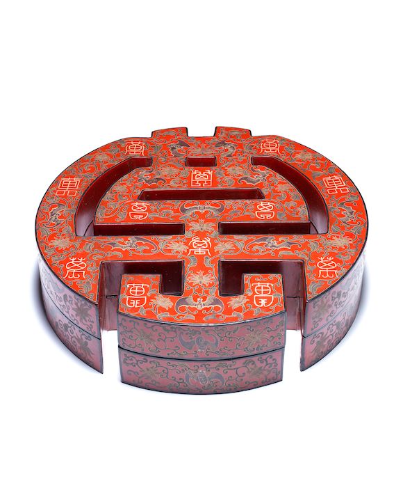 Bonhams : A rare large wan-character-shaped lacquer box and cover Qing ...