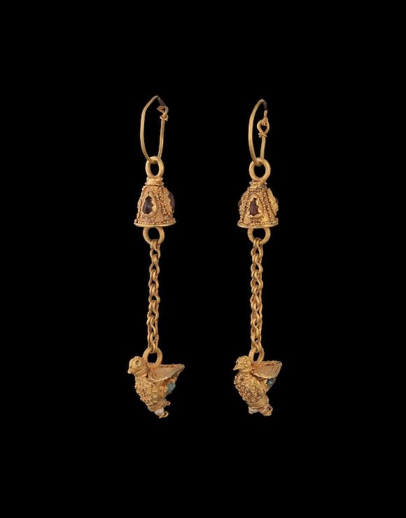 Bonhams : A pair of Roman gold, garnet, emerald and pearl earrings with ...