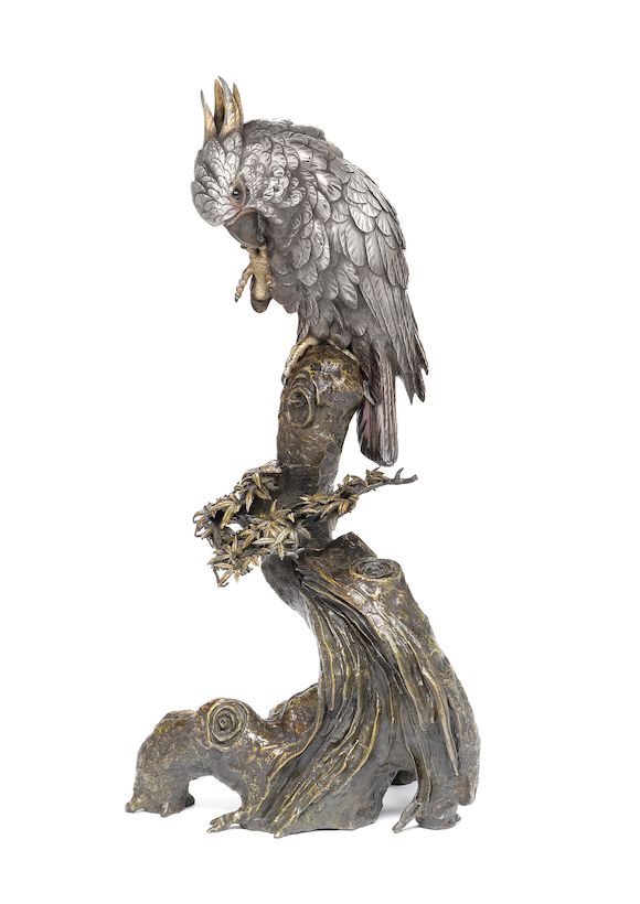 Bonhams : A gilt bronze and silver okimono of a cockatoo By Yoshitani ...