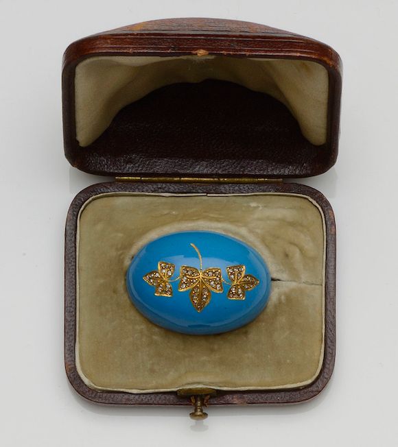 Bonhams : A Russian turquoise enamel and rose-cut diamond oval brooch