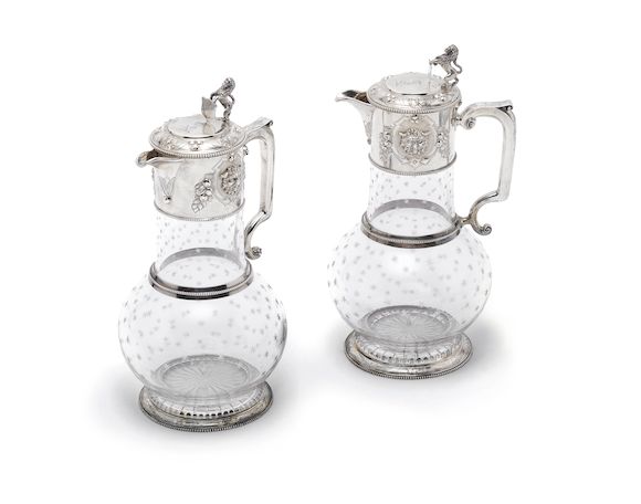 Bonhams : A pair of Victorian silver-mounted and clear glass claret ...