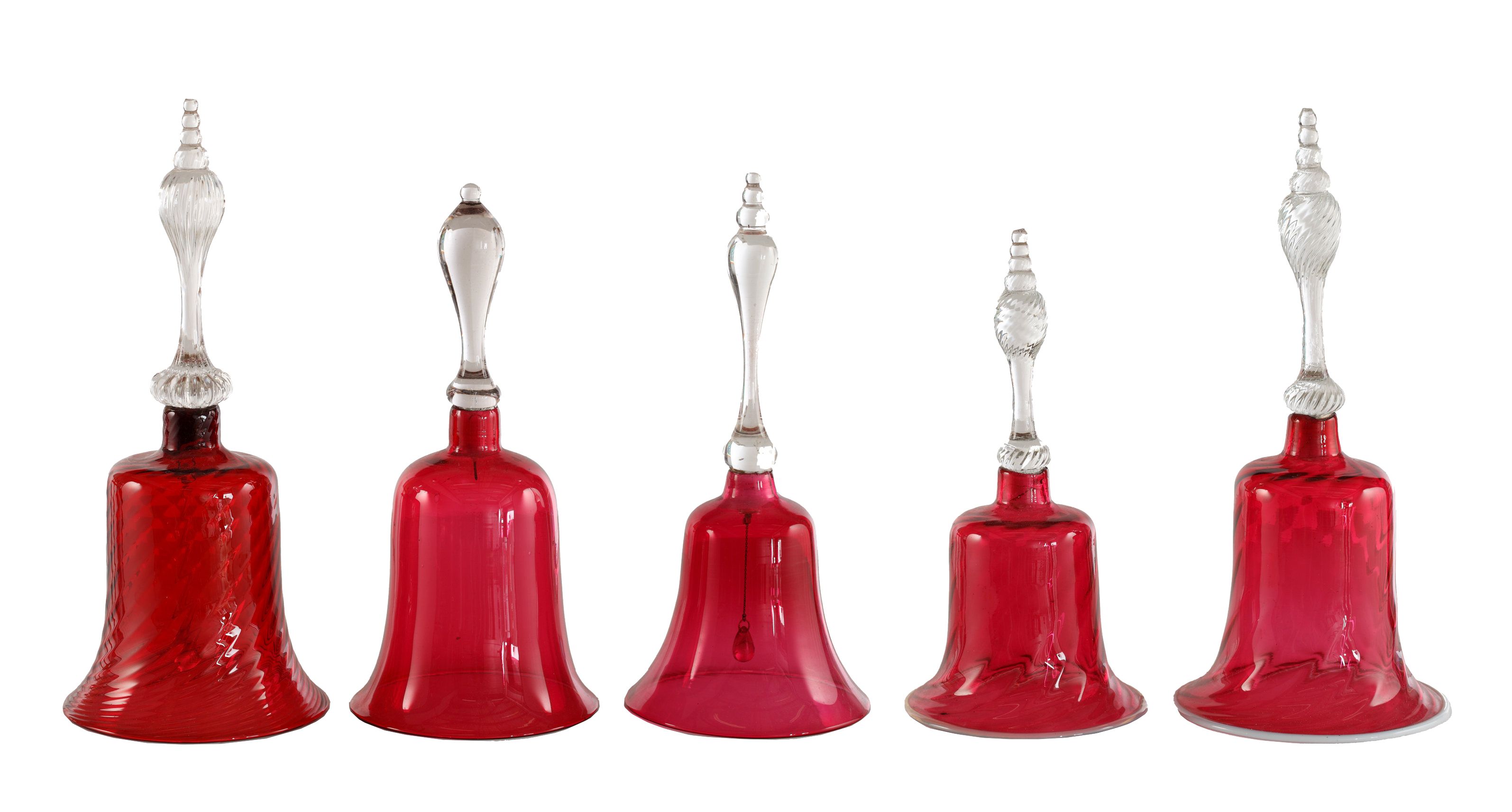 Bonhams : Five Victorian cranberry glass bells
