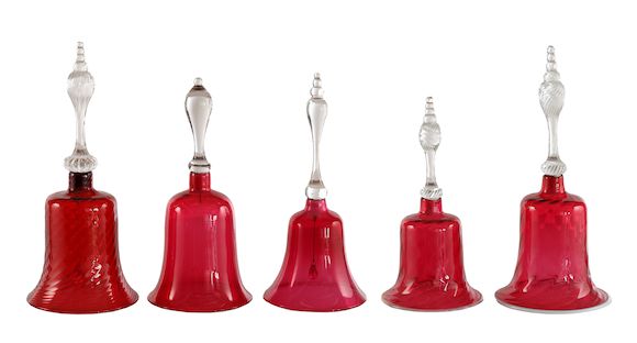 Bonhams : Five Victorian cranberry glass bells