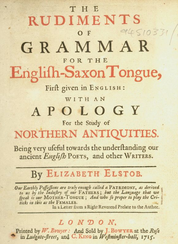 Bonhams : ELSTOB (ELIZABETH) The Rudiments of Grammar for the English ...