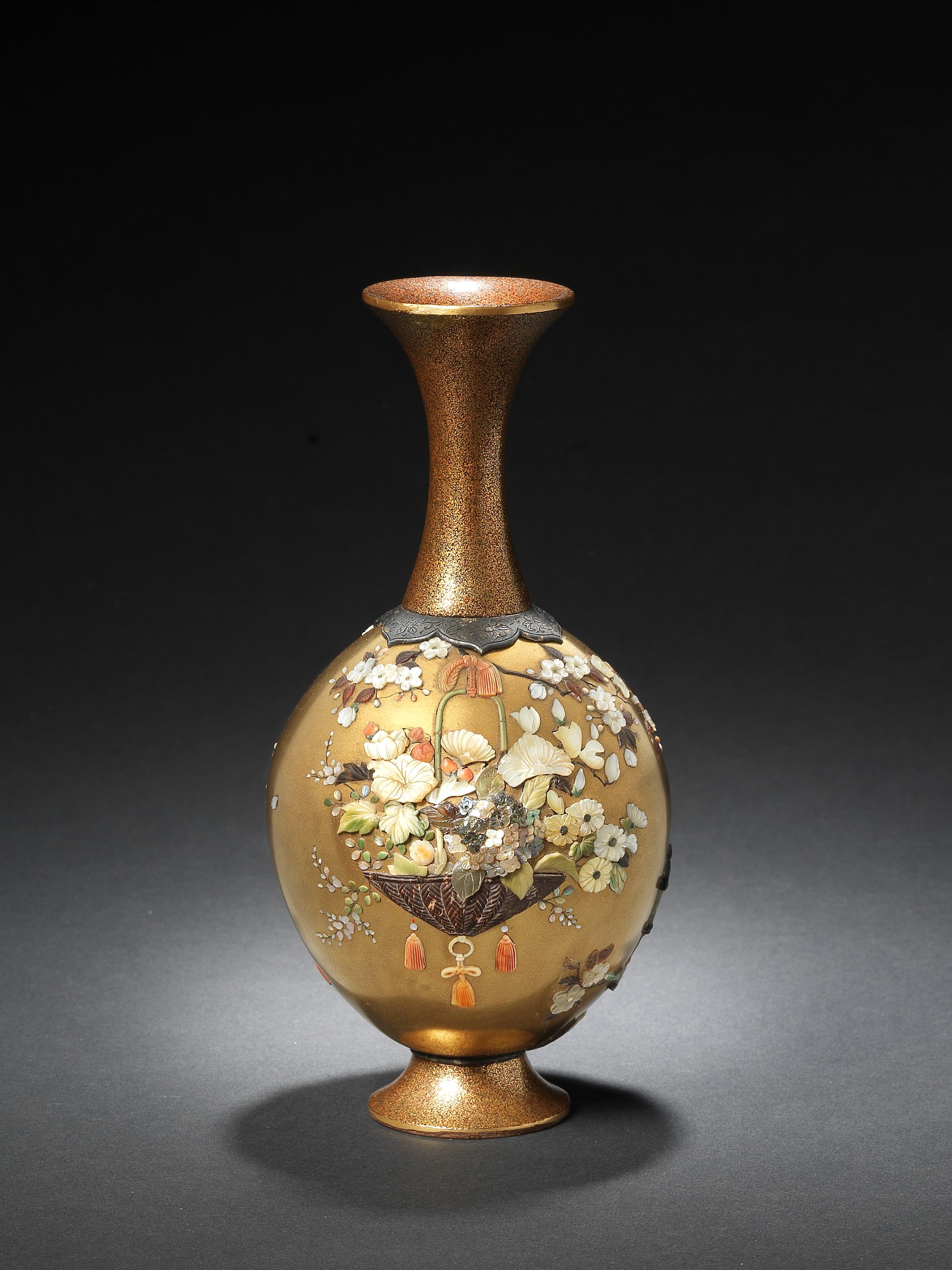 Bonhams : A gold lacquer and Shibayama-inlaid vase By Shibayama, Meiji ...