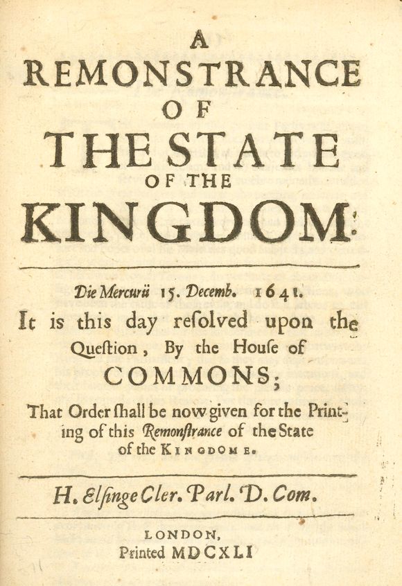 Bonhams : GRAND REMONSTRANCE A Remonstrance of the State of the Kindgom ...