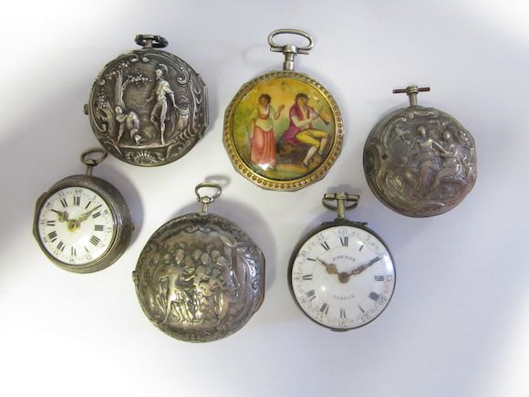 Bonhams : A lot of six silver key wind pocket watches