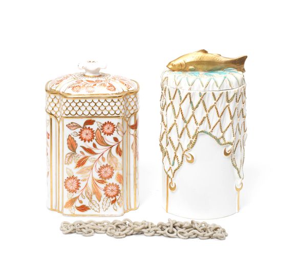 Bonhams : Two Copeland salmon paste jars and covers and an unusual ...