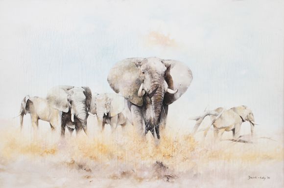 Bonhams : David Kelly (born 1959) A herd of elephants, 59 x 89.5cm (23 ...
