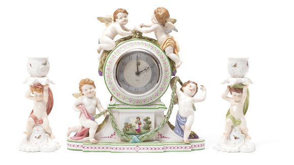 Bonhams : A Copeland bone china clock case and a pair of candlesticks ...